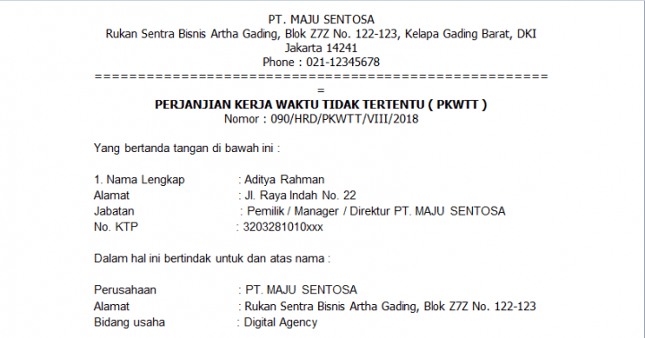 Contoh Surat Kontrak Kerja Karyawan PKWT, PKWTT, Freelance