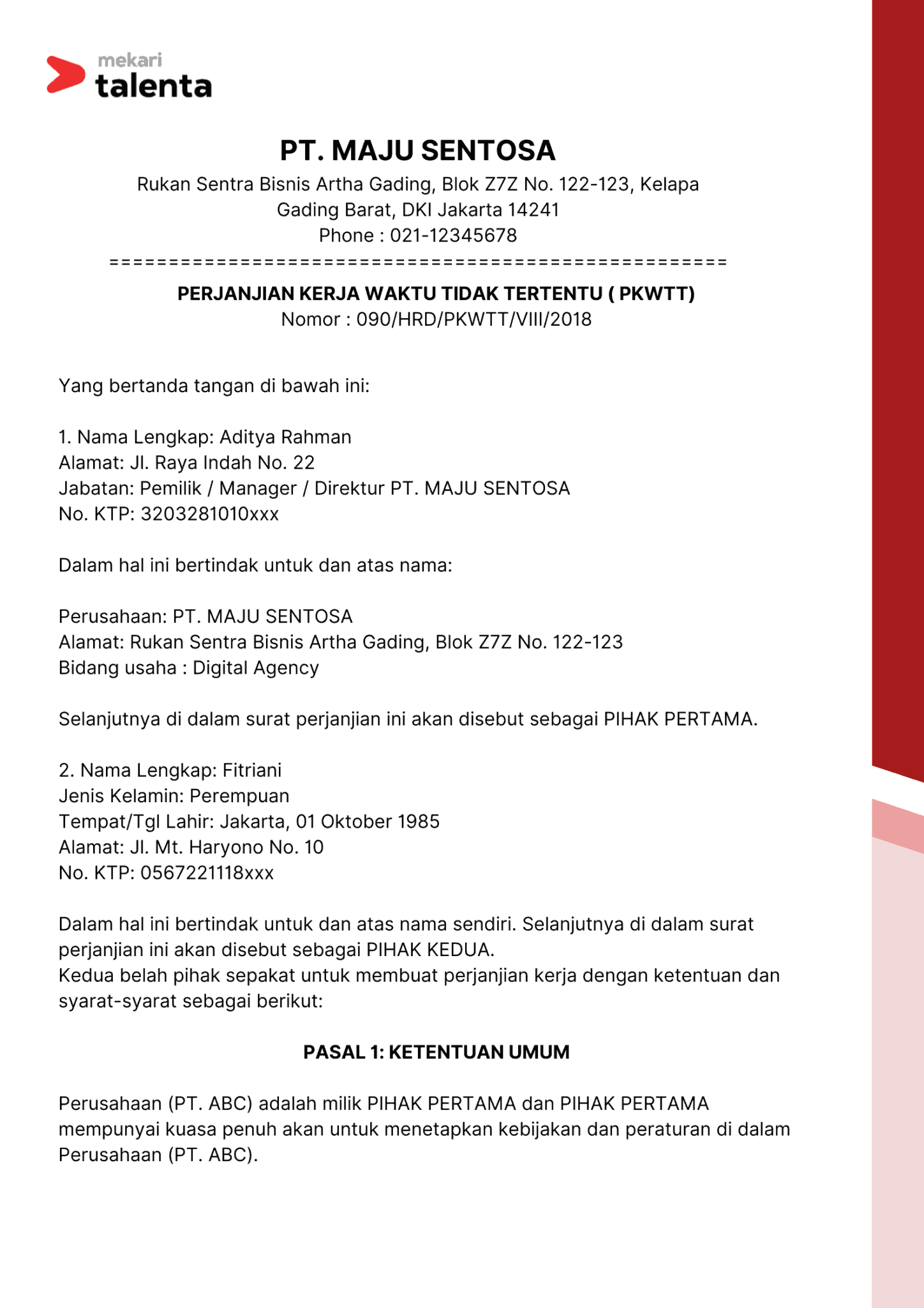 Contoh Surat Kontrak Kerja Karyawan PKWT, PKWTT, Freelance