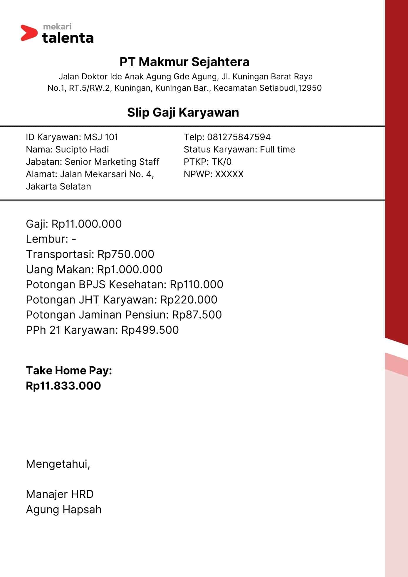 Contoh Slip Gaji Karyawan Swasta Sederhana Word, Excel Online