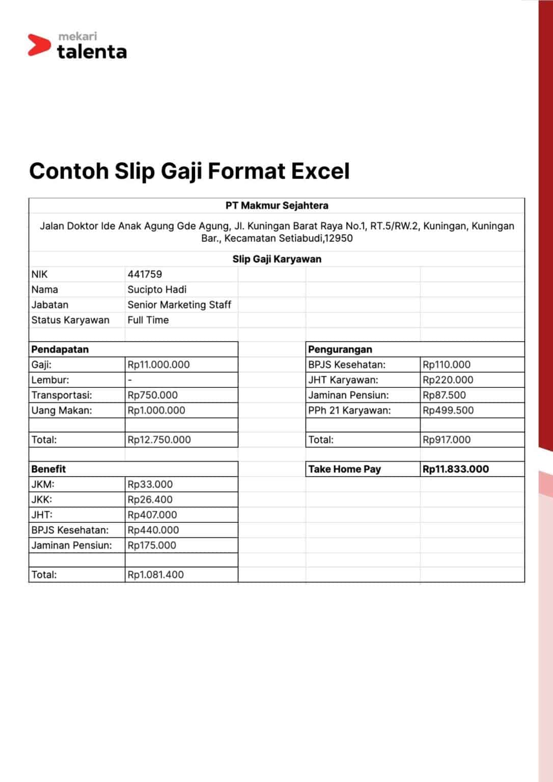 Contoh Slip Gaji Karyawan Swasta Sederhana Word, Excel Online
